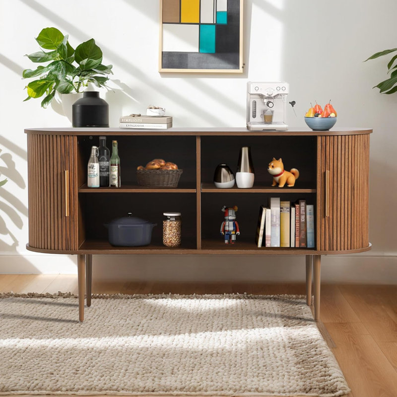Mercer41 55.1" Storage Cabinet with Tambour Doors and Shelves, Fluted Sideboard Buffet Cabinet ...